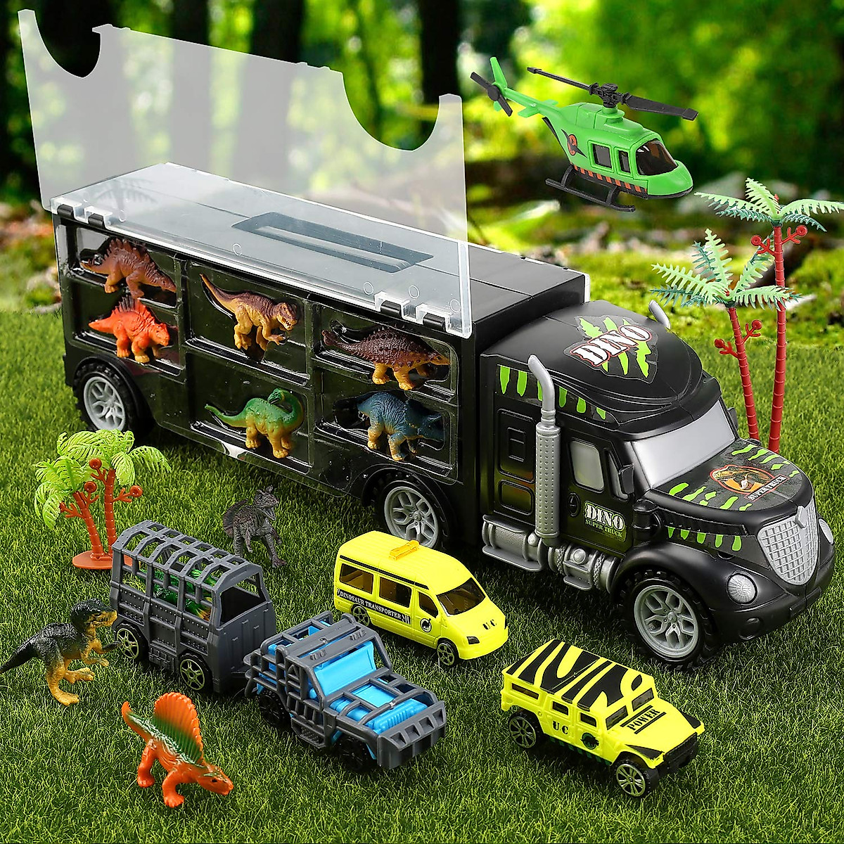 34 in 1 Dinosaurs Truck, Dino Transport Car Carrier Truck Toy with 12 Mini Dinosaur Figures and 4 Cars, Dino Park Toy Chritsmas Gift for 3+ Year Old Boys and Toddlers