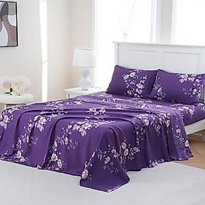 MEISHANG Queen Sheet Set - Floral Sheets Deep Pocket Ultra Soft Brushed Microfiber with Up to 16" Mattresses - Wrinkle Free - 4 Pieces(Queen,Purple Floral)