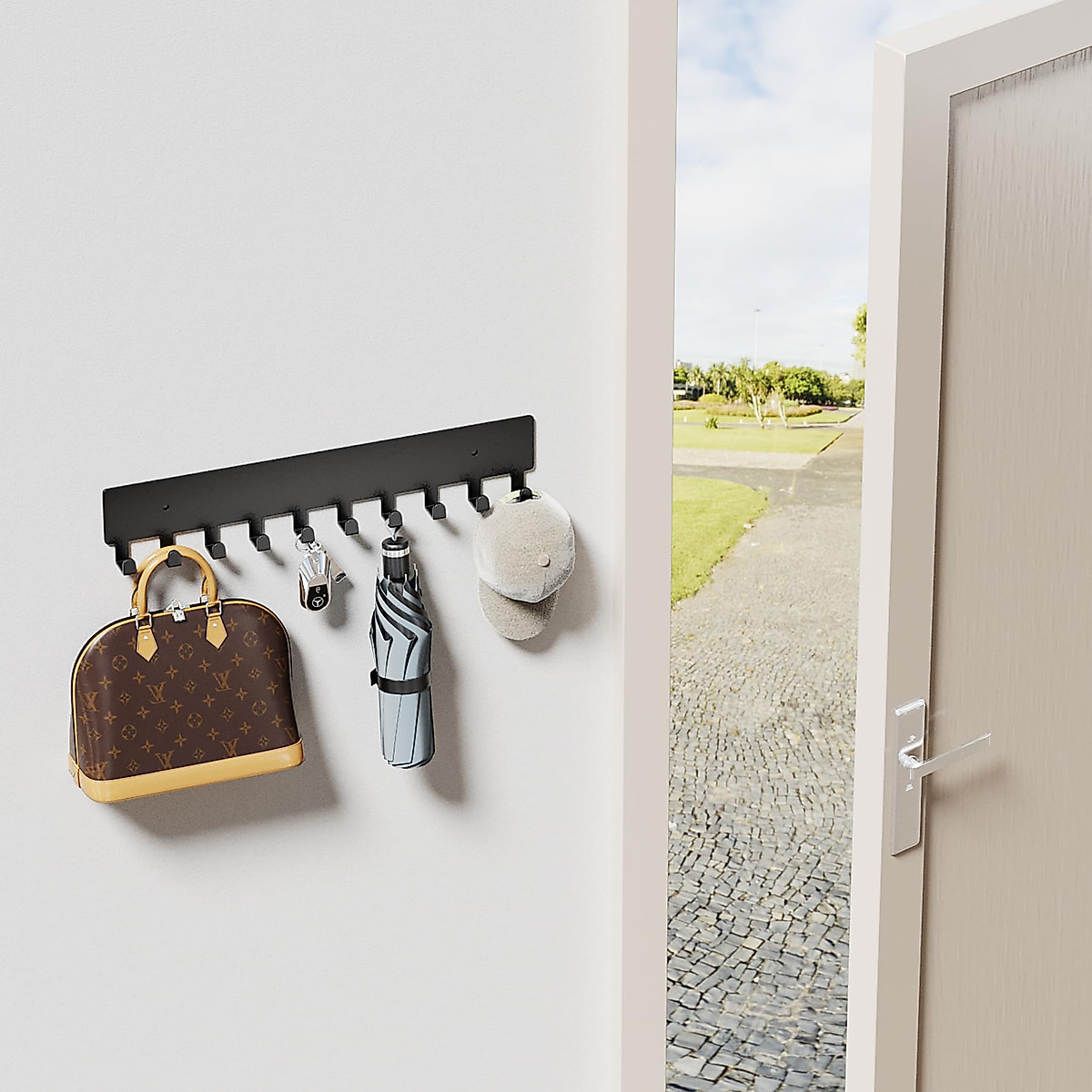 GTK Key Holder for Wall, Key Hooks with 10 Hooks, Wall Mounted Key Holder for Hallway, Self Adhesive Key Rack(Black)