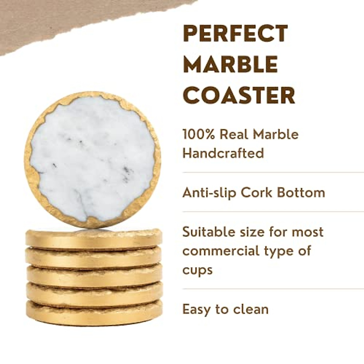 Dear Casa Gold Edge Coasters for Coffee Table (Round) —Set of 6— Handcrafted Real Solid White Marble Coasters— Perfect as Drink Coasters Housewarming Gift — Modern Coasters for Drinks (Round)