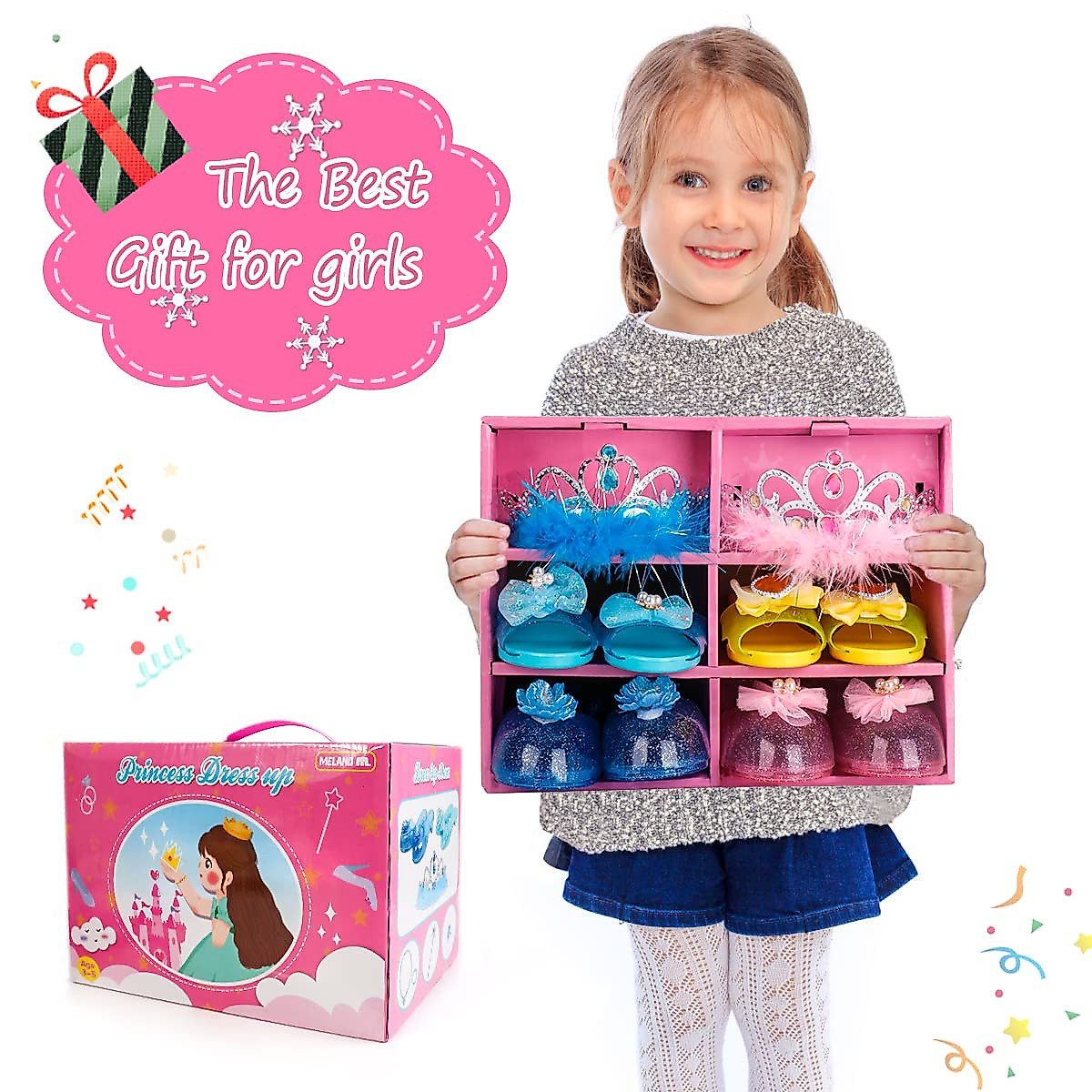 Meland Princess Dress Up Shoes - Kids Dress Up & Pretend Play with 4 Pairs Princess Shoes, Tiaras, Wand, Jewelry - Birthday for Girls 3-6 Years