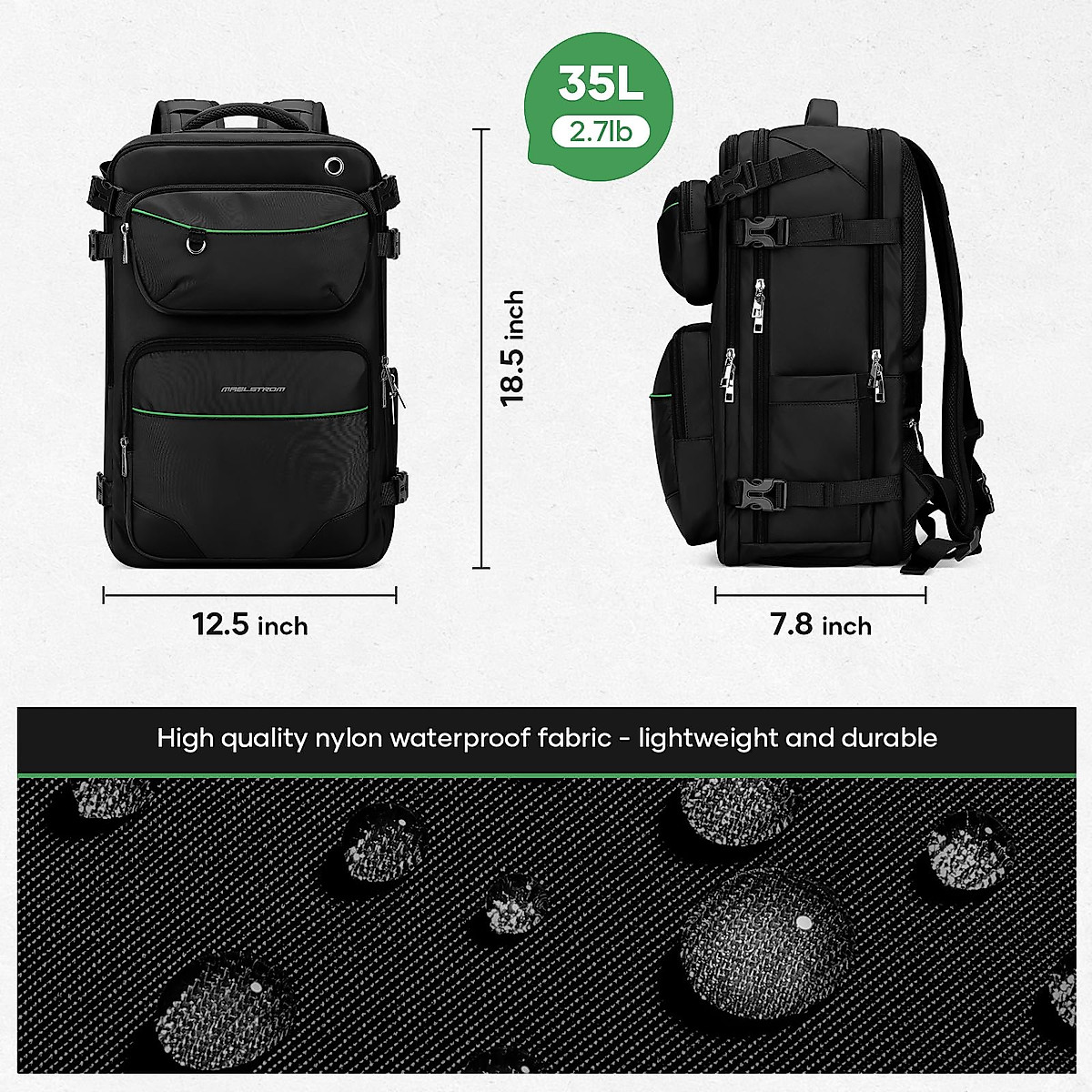 Maelstrom Travel Backpack for Men Women, 35L Carry on Backpack for Traveling on Airplane,with Belt Bag&Shoe Compartment,Waterproof Laptop Backpack fit 17”Laptop-Classic Black, Large