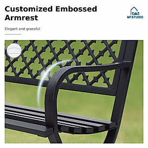 MFSTUDIO 50" Black Outdoor Metal Garden Bench with Arch Legs, Cast Iron Frame Patio Furniture with E-Coating, Perfect for Porch and Yard