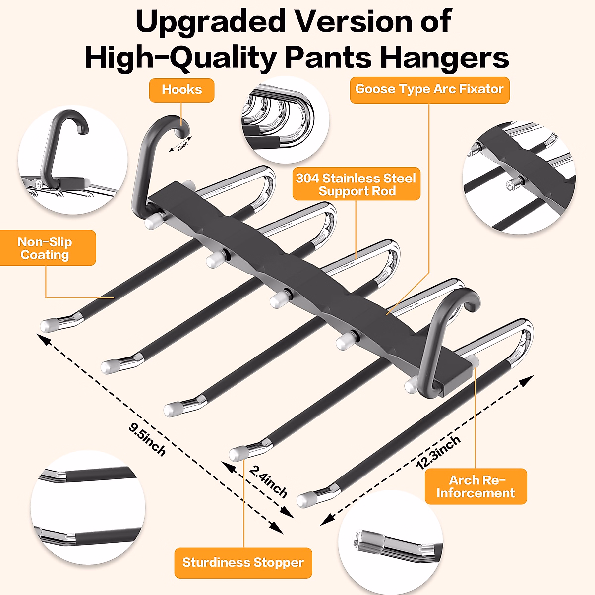 Pants Hangers Space Saving - 2 Pack Closet Organizer and Storage Jean Hangers, Stainless Steel Anti-Slip Clothes Hanger Scarf Holder Pants Hangers for Pants Jeans Leggings Trousers Pant Rack, Black