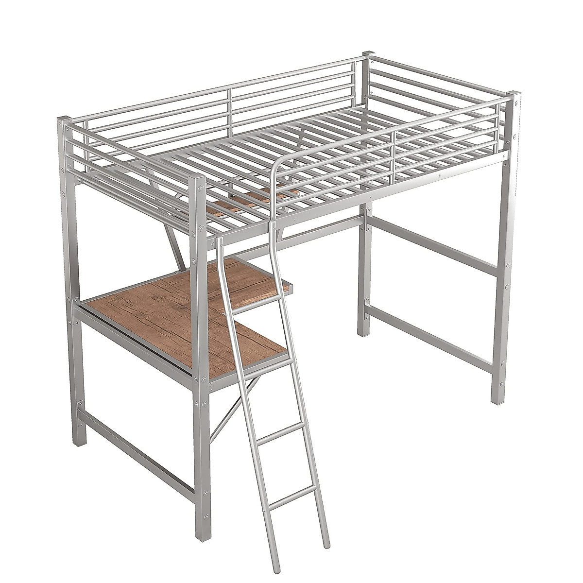 Twin Size Loft Metal&MDF Bed with Desk and Shelf,Space-Saving Furniture for Teen bedrooms.No Box Spring (Silver~P)