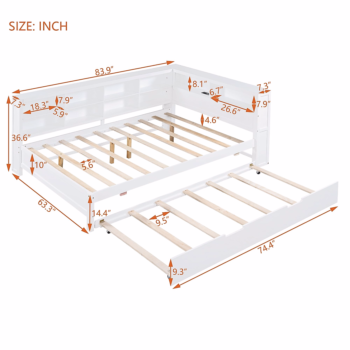 DEINPPA Full Size Platform Bed with L-Shaped Bookcase and Trundle, Wooden Captain Bed Frame with Bookcase Headboard for Kids Teens Boys Girls, No Box Spring Needed-White