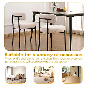 EDWELL White Dining Chairs Set of 2, Modern Dining Room Chairs Mid Century with 3.94" Cushions and Metal Legs, Round Upholstered Boucle Chairs for Kitchen, Living Room, Easy assembly