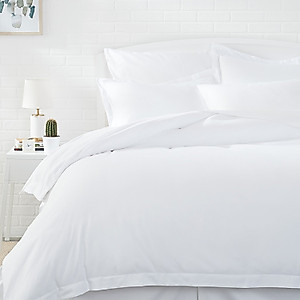Amazon Basics Lightweight Microfiber Duvet Cover Set with Snap Buttons, Full/Queen, Bright White