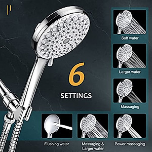 Shower Head with Handheld High Pressure with Hose - YEAUPE Detachable Shower Heads 6 Spray Settings, Built-in Power Wash to Clean Tub, Tile & Pets, Bracket, Rubber Washers, 59 Inch Hose