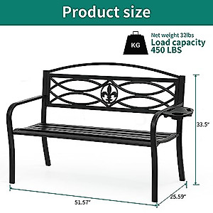 YITAHOME Outdoor Bench 50" Metal Bench with Cup Holder Spear Pattern Patio Bench with Backrest and Armrest for Porch Lawn Balcony Backyard and Indoor Black