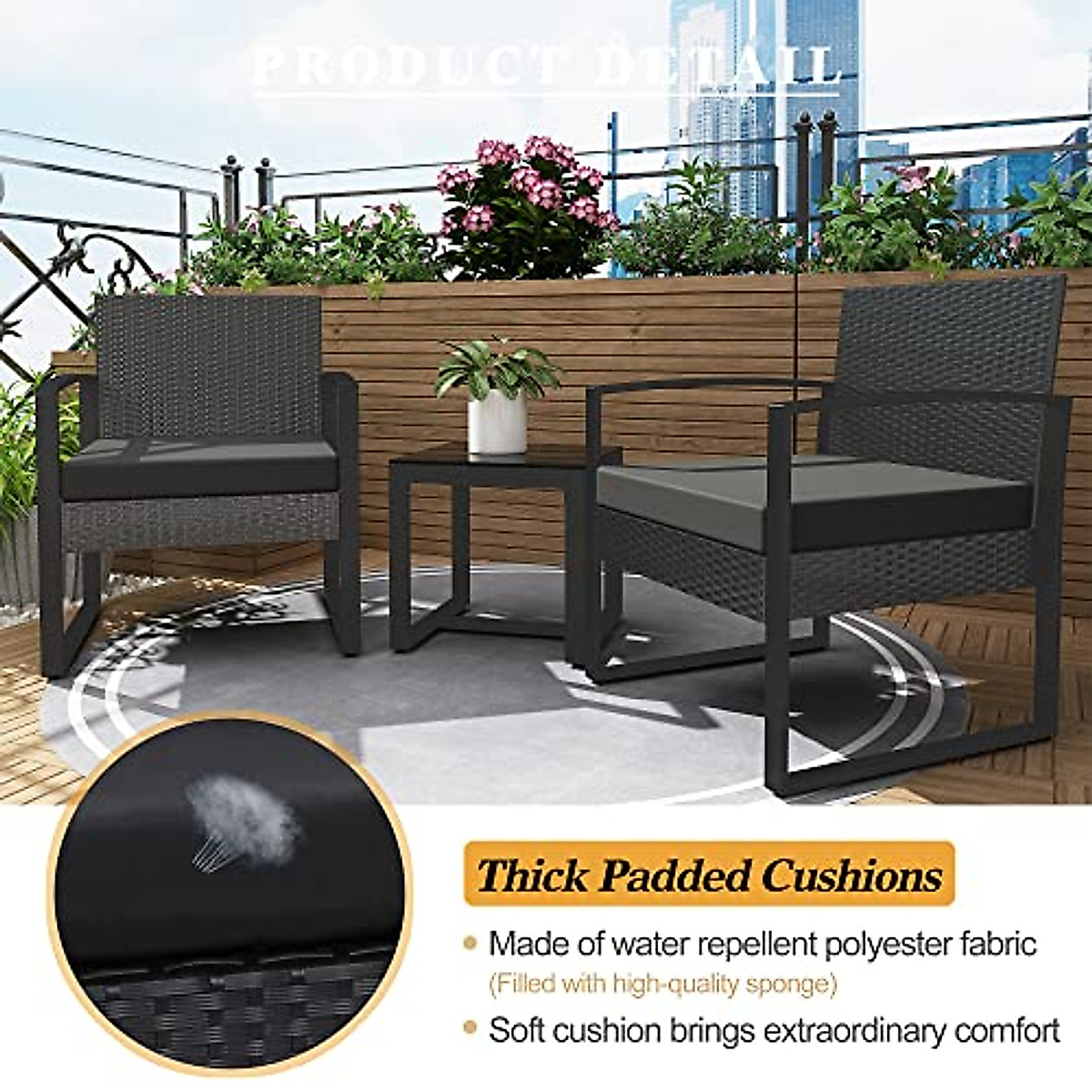 LayinSun 3 Pieces Patio Set Outdoor Wicker Conversation Bistro Set,PE Rattan Chairs with Coffee Table for Porch Lawn Garden Backyard (Black)