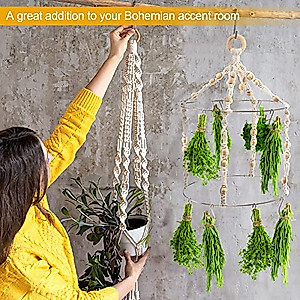 Boho Herb Drying Rack Double- Macrame Flower Drying Rack with 15 Hooks Handcrafted Woven Hanging Herb Dryer with Cotton Rope Wooden Hanging Ring Herb Hangers for Drying Air Plants Spices Flowers