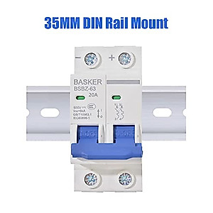 BASKER DC Circuit Breaker, 20Amp 2 Poles 500V Solar Disconnect Switch for Solar PV System Solar Panels Grid System, DIN Rail Mount, DC Breaker MCB (20A)
