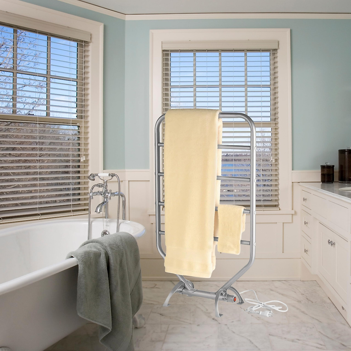 Warmrails Traditional Towel Warmer - Free-Standing or Wall Mounted Towel Warmer Rack for Drying Towels and Garments - 34-Inch Nickel Finish Frame with 4 Bars - Model RTS