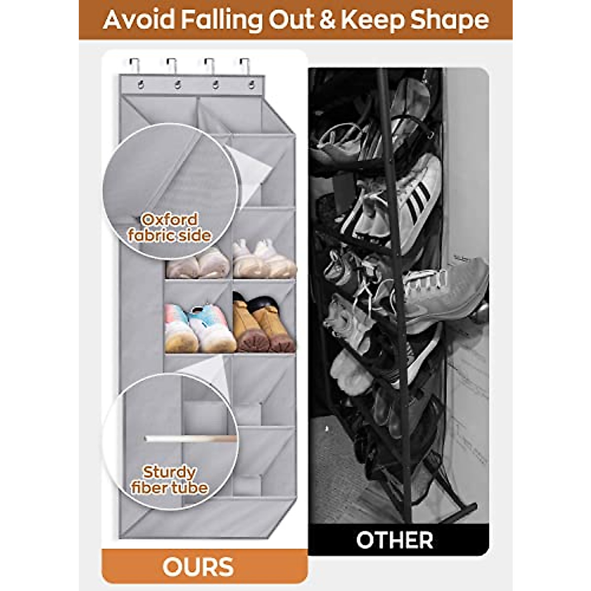 SLEEPING LAMB Hanging Shoe Organizer for Closet, Over The Door Shoe Rack Fit Narrow Door for 12 Pairs Sneakers, Boots, Grey