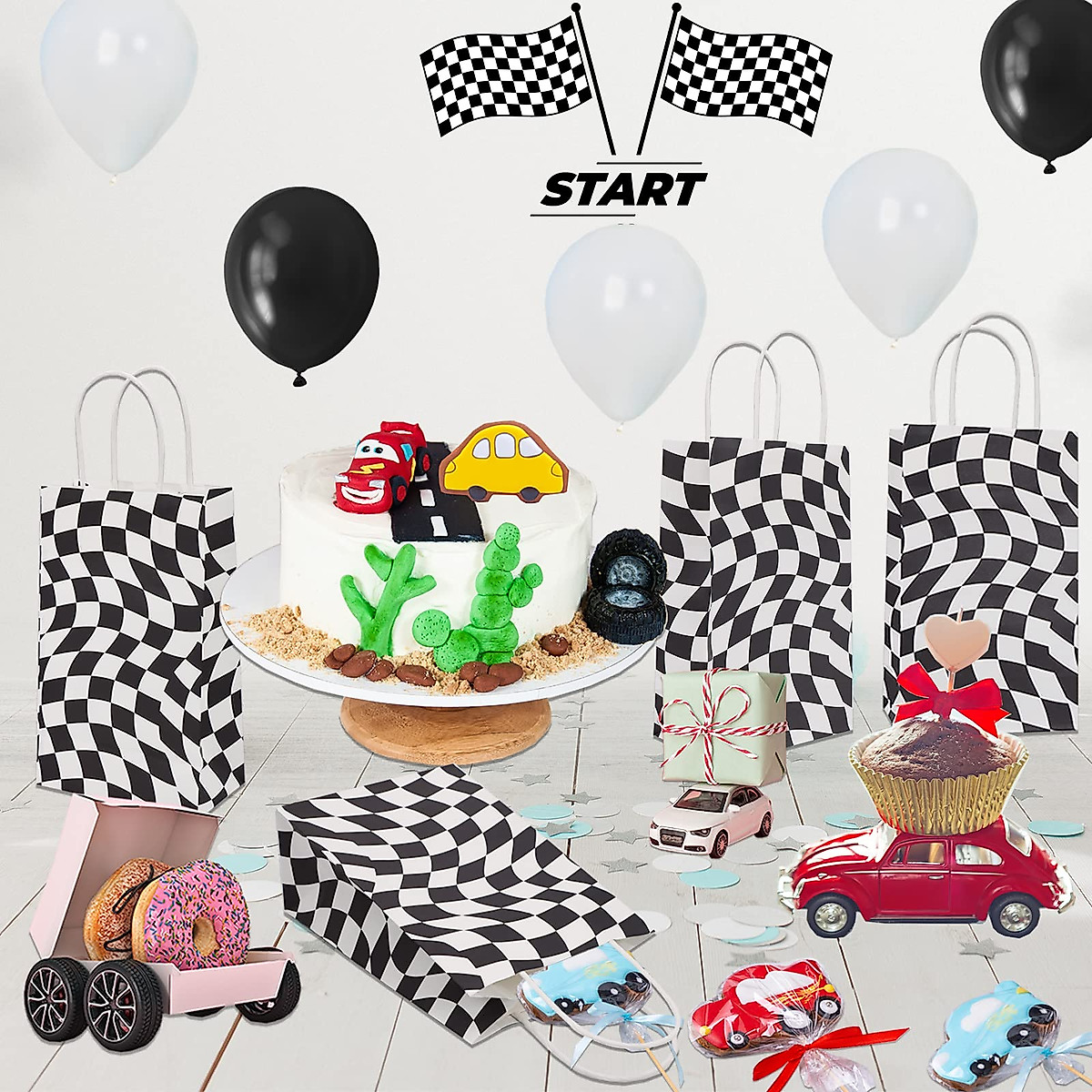 30 pieces Plaid Race Car Favors Paper Bags with Handle, Checkered Racing Gift Bags Bulks, Size 9'(H)x5.5'(L)x3.3'(D) Black and White Checkered Race Car Themed Kraft Paper Bags for Kids Birthday Party