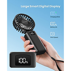 Gaiatop Portable Handheld Fan, 180° Foldable Desk Fan 3 Speed Personal Mini Hand Fan, 2000mAh Powerful Rechargeable Small Fan with Digital Display, USB Personal Fan for Office Outdoor Makeup-Black