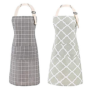 Tosewever 2 Pieces Cotton Linen Waterproof Bib Kitchen Apron with Pockets - Long Ties Adjustable Neck Strap - Unisex BBQ Cooking Drawing Crafting Aprons for Women Chef (Grey/Green, 2)