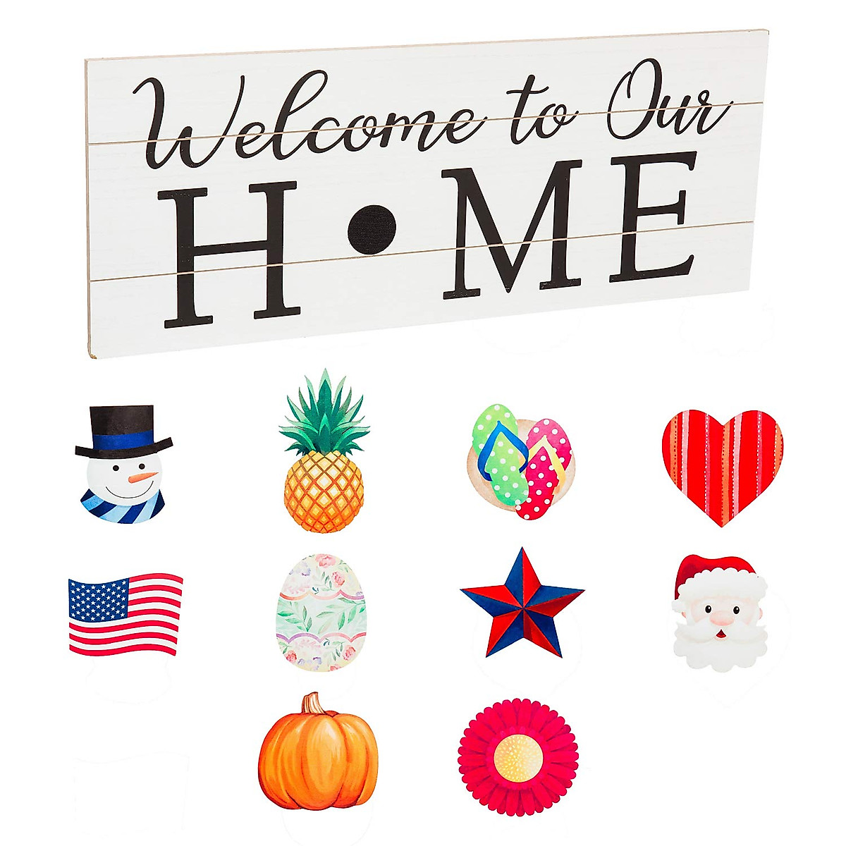 Welcome to our Home Interchangeable Wood Sign | 10 pieces for all Holidays and Seaons | Rustic Farmhouse Wall Art Decor | 28 Inches x 11 Inches