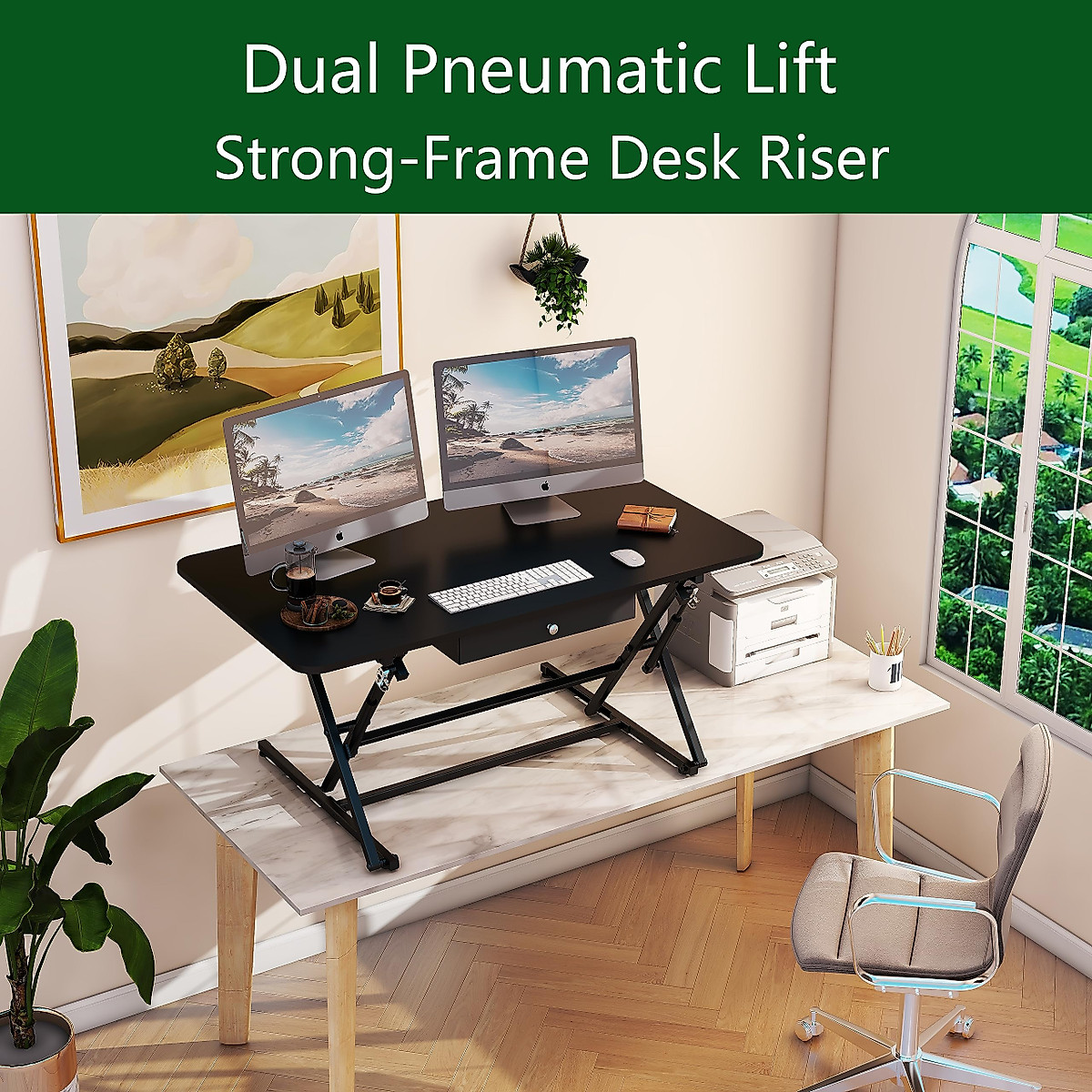 Lubvlook Standing Desk Converter, 42 x 24 Inches Height Adjustable Sit Stand Desk Riser for Dual Monitors with Drawer, Black