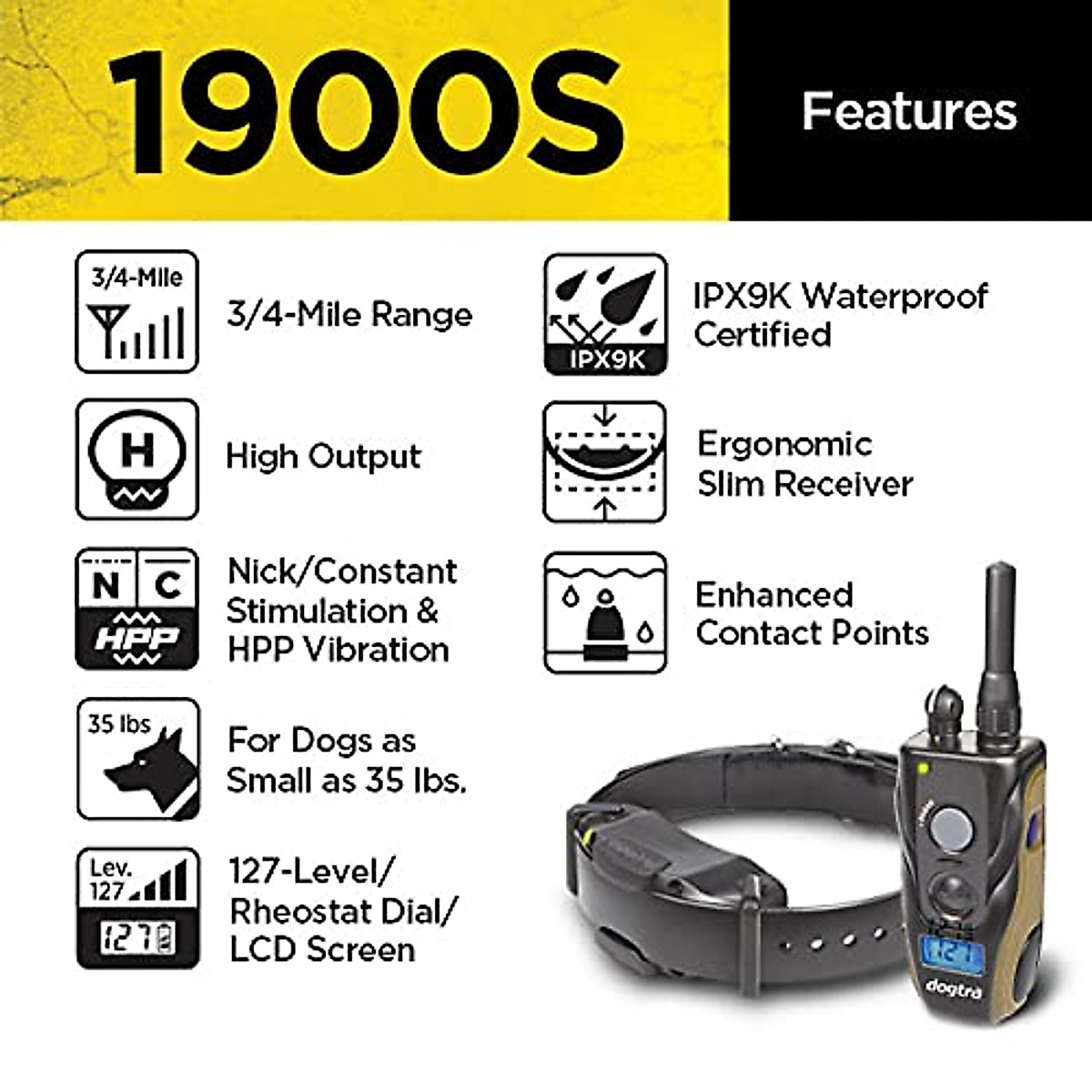Dogtra 1900S Remote Training E-Collar - 3/4 Mile Range - Electronic Dog Training Collar, Waterproof, Rechargeable, High-Output, Adjustable Levels, Vibration, Obedience, Hunting, K-9, Stubborn Dogs