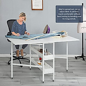 MELLCOM Home Hobby Craft Table with Storage Shelves, Mobile Folding Cutting Table for Large Fabric, Foldable Table for Home Office Sewing Room Craft Room, Fixed Height 35.5in