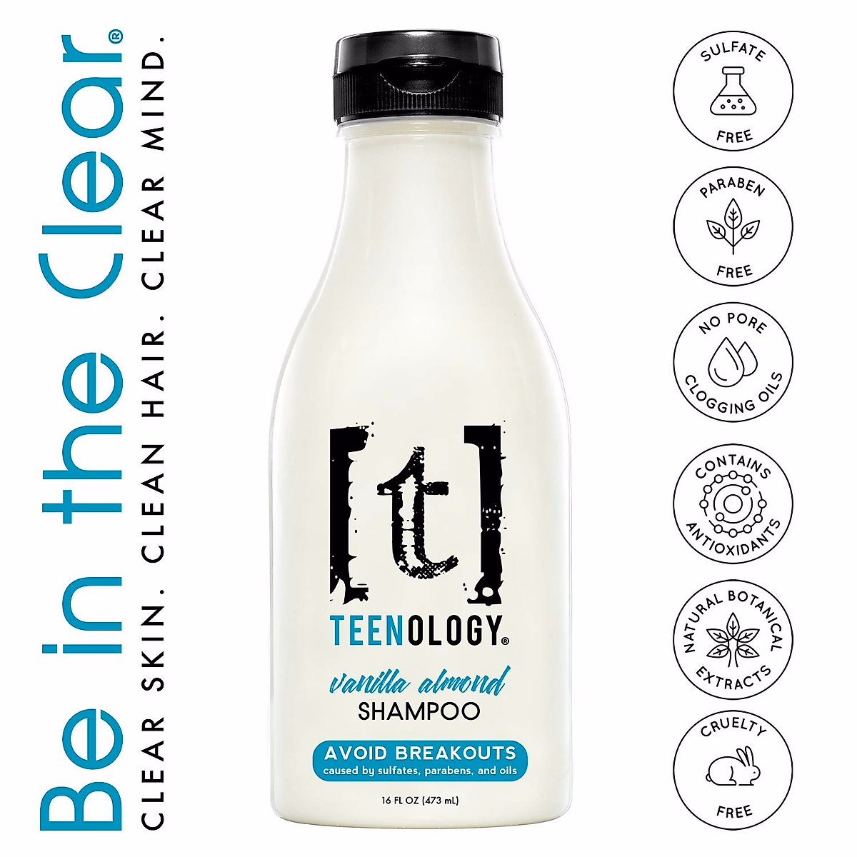 Teenology Shampoo for Teens, For Clear Skin and Healthy Hair, Natural Botanical Extracts, 16 oz. (Vanilla Almond)