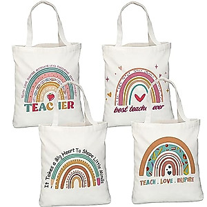 Mixweer 4 Pcs Teacher Appreciation Gifts Teacher Canvas Tote Bags Teacher Gift Bags for Women Christmas Gifts School Supply (Rainbow Style)