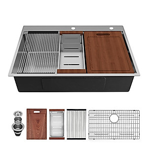 HERCATE 33" x 22" Drop in Kitchen Sink, 304T Stainless Steel Sink, Drop in Workstation Sink, Topmount Single Bowl Kitchen Sink with Integrated Ledge