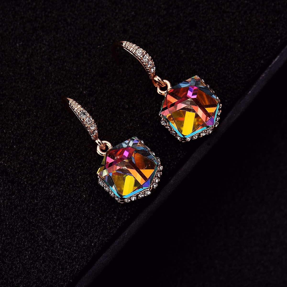 Austrian Crystal Cube Drop Dangle Earrings for Women 14K Gold Plated Hypoallergenic Jewelry (Rainbow/Rose Gold-tone)