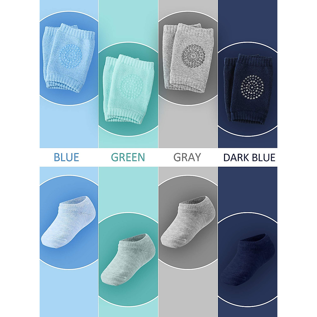 SATINIOR 8 Pairs Crawling Knee Pad Non-Slip Socks Set Knee Protector Toddler Leg Warmer Unisex Soft Cotton Socks for Baby Toddler (Green, Light Gray, Blue and Dark Blue), Medium