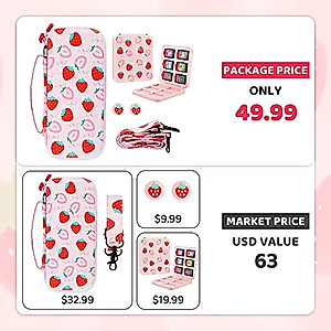 GLDRAM Pink Strawberry Carrying Case for Nintendo Switch & OLED Modle, Portable Switch Travel Protector with Cute Game Card Case, Shoulder Strap & 2 Thumb Caps, Switch Accessories Bundle for Girls