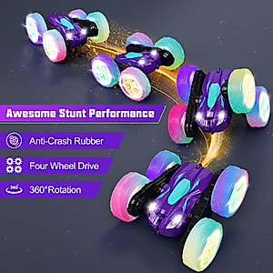 28℃ Remote Control Car for Boys, Drift High Speed RC Cars, 4WD 2.4Ghz Rechargeable RC Truck with Double Sided 360 Flips and Headlights Wheel Lights, Off-Road Stunt Toy Car for Kids Boy Girls (Purple)