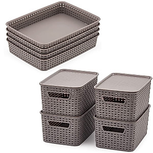 EZOWare Set of 8 Gray Plastic Woven Knit Baskets, Storage Organizer Bins Boxes Tray For Office, Classroom, Desktop, Drawer and More
