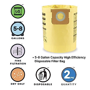 Shop-Vac 9067133, High-Efficiency Disposable Collection Filter Bags, Fits 5-8 Gallon Tanks, Yellow, Vacuum Filter Bags, Dry Pick Up Only, (2 Pack)