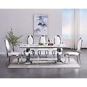 Maotifeys 70" White Marble Dining Table, Rectangle Marble Top, Silver U-Shape Stainless Steel Pedestal, Mid-Century Modern, 70" x 35" x 30"