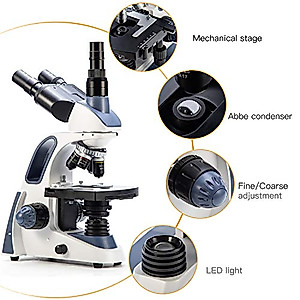 Swift Compound Trinocular Microscope SW380T,40X-2500X Magnification,Siedentopf Head,Two-Layer Mechanical Stage,with 5.0 mp Camera and Software Windows/Mac Compatible and 100 PCS Blank Slides