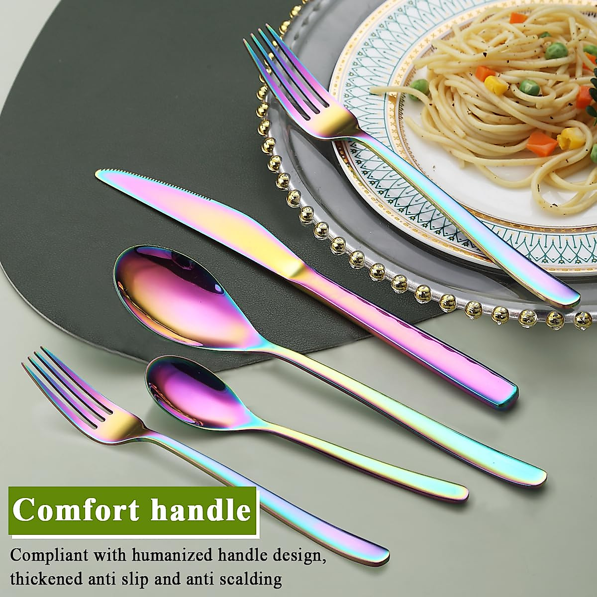 Silverware Set 40 Pieces Service for 8, ReaNea Rainbow Flatware Set, Titanium Plating Cutlery Set Include Dinner Knives, Dinner Spoons, Dinner Forks, Teaspoons, Salad Forks, Dishwasher Safe