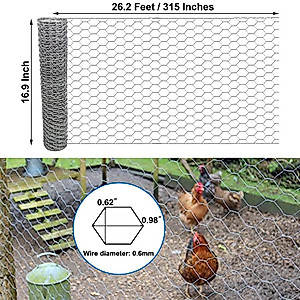 UWIOFF Chicken Wire - 16.9'' x 315'' Chicken Wire Fencing, Galvanized Hexagonal Poultry Netting, 0.6 Inch Wire Mesh Garden Fence Animal Barrier Metal Floral Chicken Wire for Crafts Garden Rabbit