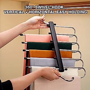 Pants Hangers Space Saving Collapsible Multiple Pants Hangers for Closet Stainless Steel 6 in 1 Trousers Hangers 360°Swivel Clothes Hangers Storage Organizer for Pants Jeans Scarf (1 Pack-6 Layers)