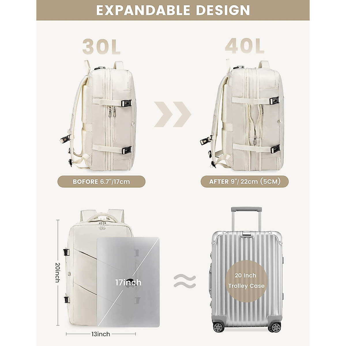 LOVEVOOK Travel Backpack for Women, 40L Carry On Backpack Flight Approved, Waterproof 17 Inch Laptop Backpack with 3 Cubes, College Bookbag, Personal Item Travel Bag, Beige