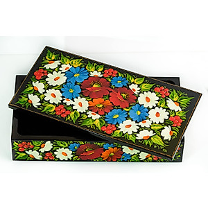 UA Creations Petrykiv Ethnic Rectangular Lacquered Wooden Jewelry Box with Lid, Hand Painted Flowers on Black, Beautiful Floral Design Gift for Women (red and blue)