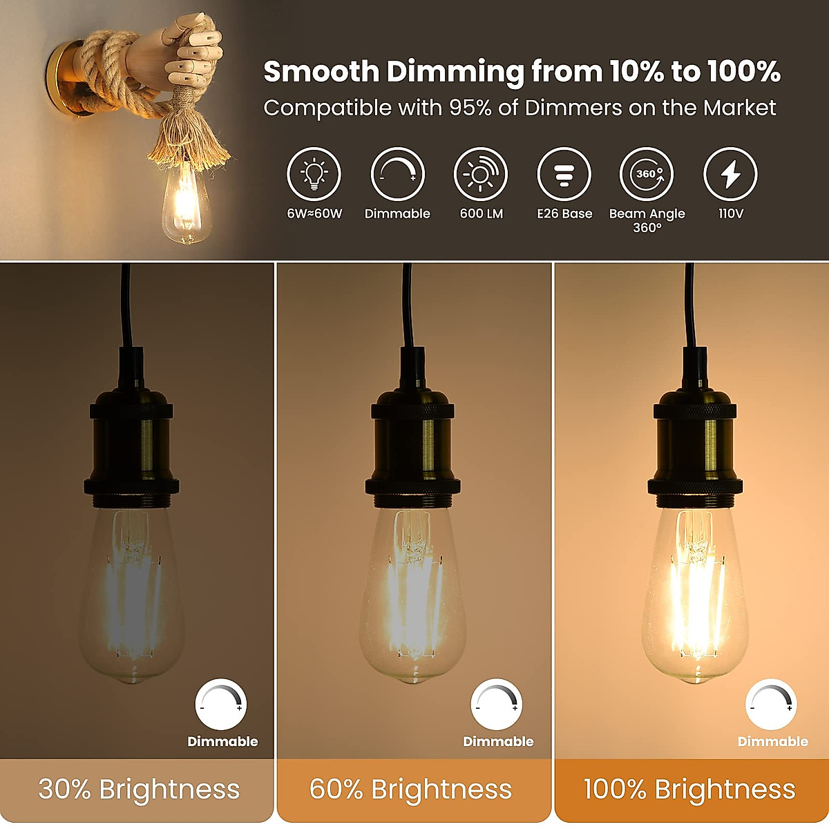 Lightique Vintage LED Edison Bulbs 60 Watt Equivalent, 6W Dimmable Edison Light Bulbs E26 Edison Bulbs ST58 LED Filament Bulb Soft White 2700K,Clear Light Bulbs for Decotate Home,Restaurant, 6 Packs