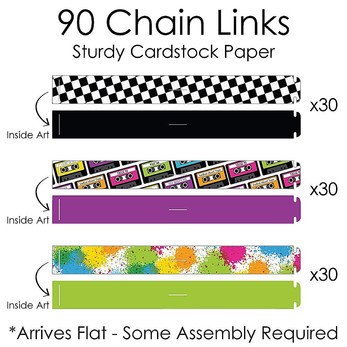 Big Dot of Happiness 80’s Retro - 90 Chain Links and 30 Paper Tassels Decoration Kit - Totally 1980s Party Paper Chains Garland - 21 feet