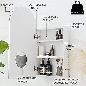 White Arch Medicine Cabinet With Mirror, Recessed Or Surface Mount Medicine Cabinet With Mirror -16" x 27", Small Medicine Cabinet For Bathroom Mirror Cabinet Frameless Bathroom Mirror With Storage