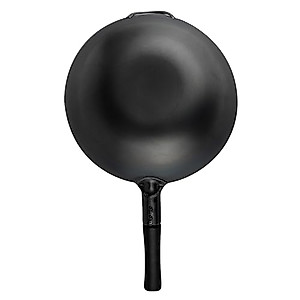 Restaurantware-Motomori 14 Inch Pre-Seasoned Carbon Steel Wok, 1 Traditional Japanese Wok - Flat Bottom, Wooden Handle, Black Carbon Steel Traditional Stir Fry Pan, With Helper Handle