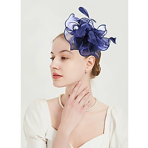 QDC Fascinators Hat Tea Party Derby Headwear Wedding Cocktail Hair Clip Bowler Feather Flower for Girls and Women Darkblue