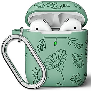 Filoto Airpods Case, Silicone Flower Engraved Protective Case Cover Apple Airpod 2/1 Skin Cover with Keychain for Women Girls, Cactus Green Flower