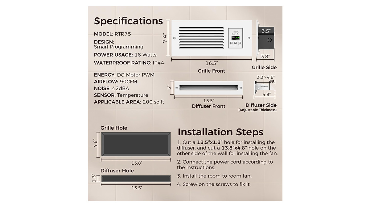 SUPROCKY Room to Room Air Transfer Fan - 5-Speed Power