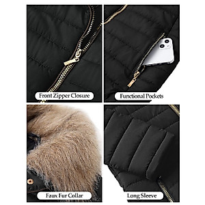 Vetinee Women Casual Faux Fur Lapel Zip Pockets Quilted Parka Jacket Puffer Coat Coatigan Jackets for Women Black Large (Fits US 12-US 14)